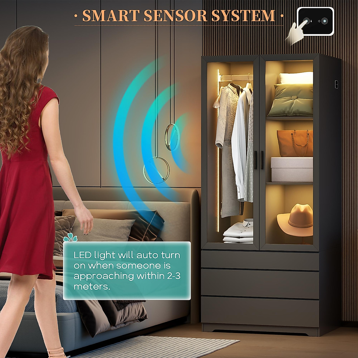 Vlsrka LED Armoire Wardrobe Closet Cabinet with 3 Drawers, 2 Doors Bedroom Storage Wardrobe with Lights, Adjustable Shelves, Hanging Rod, Modern Design, Grey - 70"