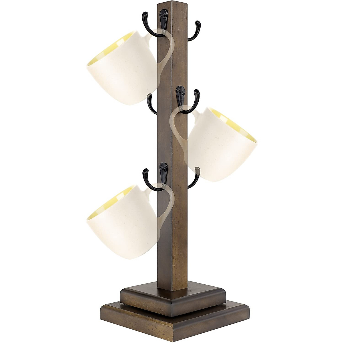 FABILE Coffee Mug Holder with 360 Degree Turn, Coffee Mug Tree, Rotated Solid Wooden Coffee Cup Holder Tree with 6 Metal Black Hooks, Mug Hanger for Kitchen Organizer (Walnut Color)