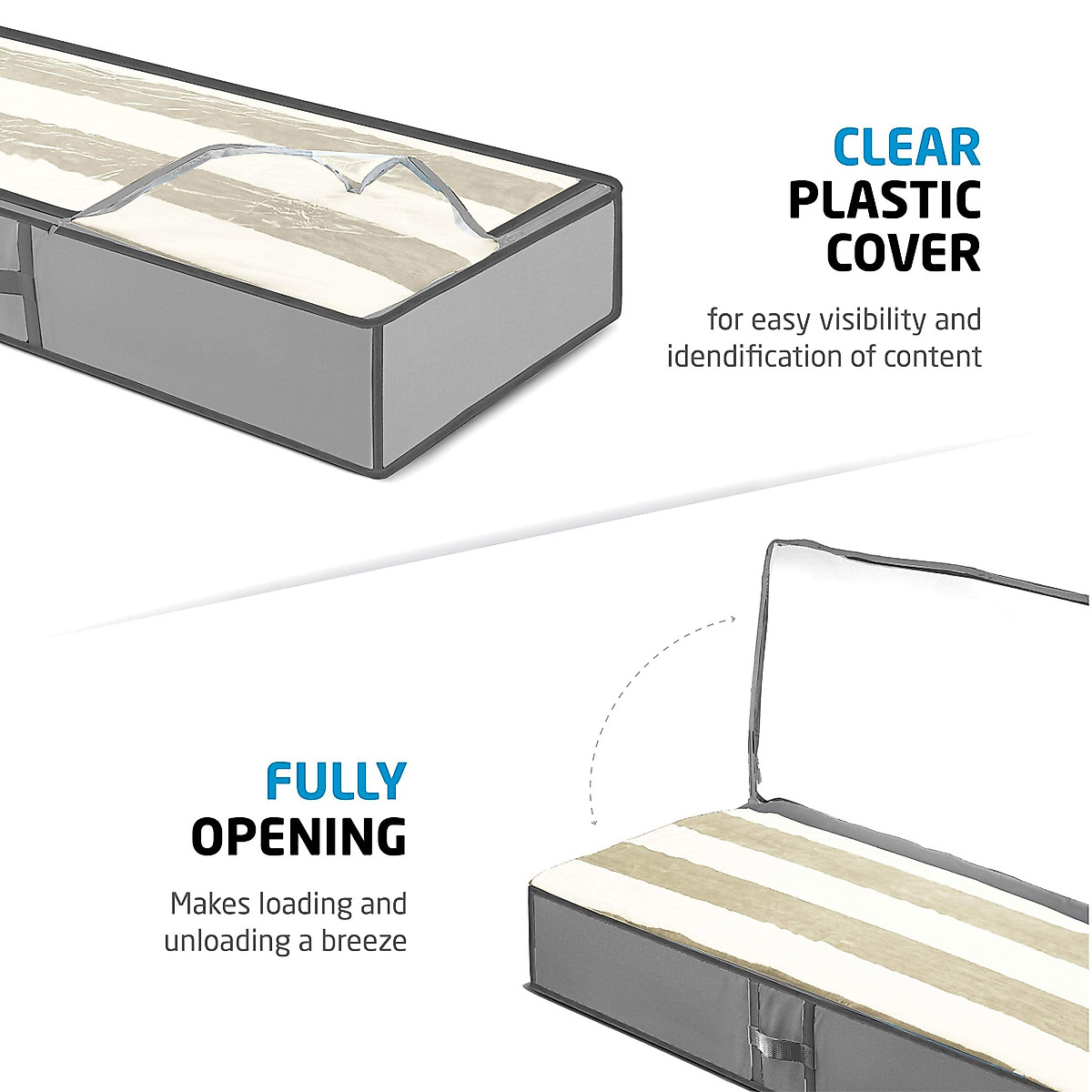 ZOBER Under Bed Storage Containers - Pack of 2 Clothes Storage Bins with Handles and Clear Window - Closet Organizer and Shoe Storage Bags for Bedroom, Dorm & Closet - 42 x 18 x 6 Inches, Black