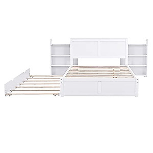 BIADNBZ Full Size Storage Bed Frame with Pull Out Shelves and Twin Trundle, Wooden Versatile Platform Bedframe w/Headboard, for Kids Teens Adults Bedroom, White