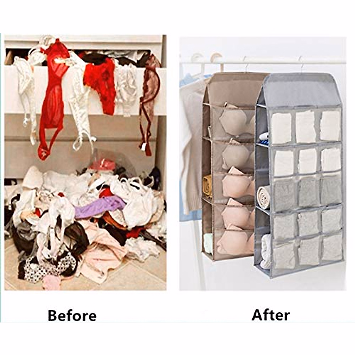 LCXEGO Dual Side Closet Hanging Organizer,3 Shelf Hanging Closet Organizer with Rotating Hanger and Mesh Pocket Bra Underwear Socks Towel Handbag Storage Oxford Bags (3+5+15Pockets, Gray)