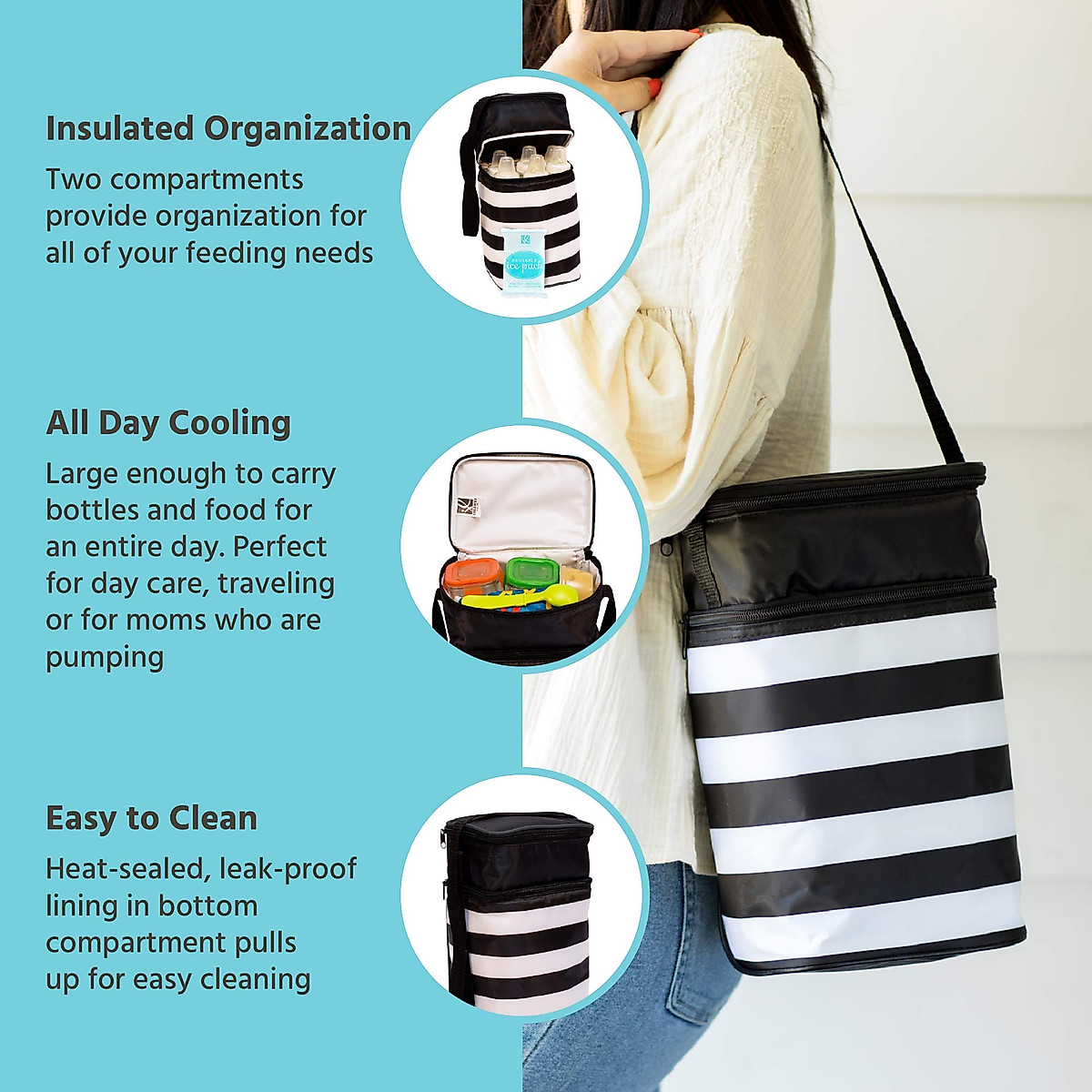 J.L. Childress 6 Bottle Cooler, Insulated Breastmilk Cooler and Lunch Bag for Baby Food and Bottles, Leak-Proof and Heat-Sealed, Ice Pack Included, Black Stripe