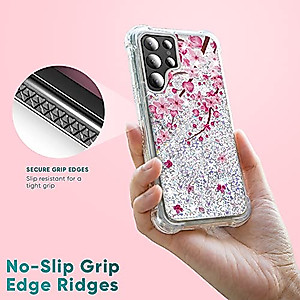 Miss Arts for Samsung Galaxy S23 Ultra Case, Girls Women Flowing Liquid Holographic Holo Glitter Shock Proof Case with Floral Design Bling Bumper for Samsung Galaxy S23 Ultra 5G- Cherry Blossom