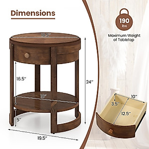 Giantex Round Side Table, 2-Tier Retro End Table with Drawer & Shelf, Wooden Accent Table with Antique Wood Grain Finish, Vintage Nightstand for Living Room Bedroom, Walnut