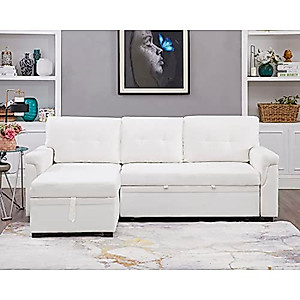 Naomi Home Laura Sectional Sleeper Sofa with Pull Out Bed, Reversible Sleeper Sectional Sofa Bed, Best Sleeper Sofa Couch with 168L Storage, L-Shape Pull Out Couch Bed Sleeper Sofa – Velvet/White