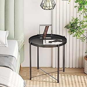 Fixwal End Table, Metal Side Table Black Round End Table Sofa Small Table with Removable Tray for Living Room Bedroom Balcony Patio and Office