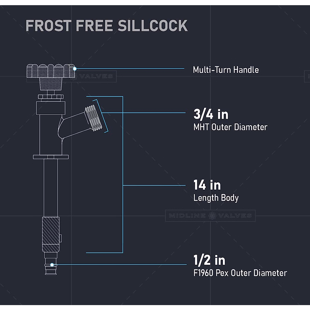 Midline Valve 6214G-OM Anti-Siphon Sillcock Frost Free Outdoor Faucet 1/2 in. PEX A x 3/4 in. Hose Bib, 14 in. Long, Chrome