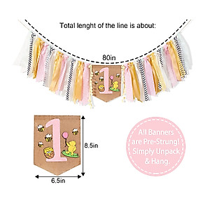 Pink Bear High Chair Banner For 1st Birthday - Sweet Bee Theme Baby Shower, Birthday Girl High Chair Decor, Winnie The Pooh High Chair Banner, First Bee Birthday Party Decorations, Winnie One High Chair Banner, Little Bear Banner For Girls Photo Props, Pi