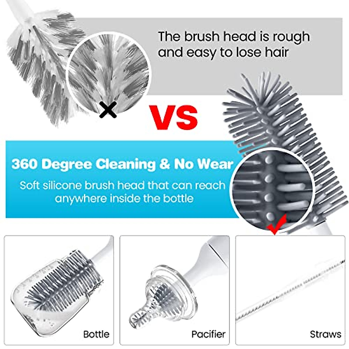 Electric Baby Bottle Brushes USB Rechargeable, Waterproof Bottle Cleaner Brush Wall-Mounted, with Silicone Bottle/Pacifier/Straw Brush, Two-Speed Cleaning Mode, 360° Rotating Cleaning, 1200mAh (Grey)