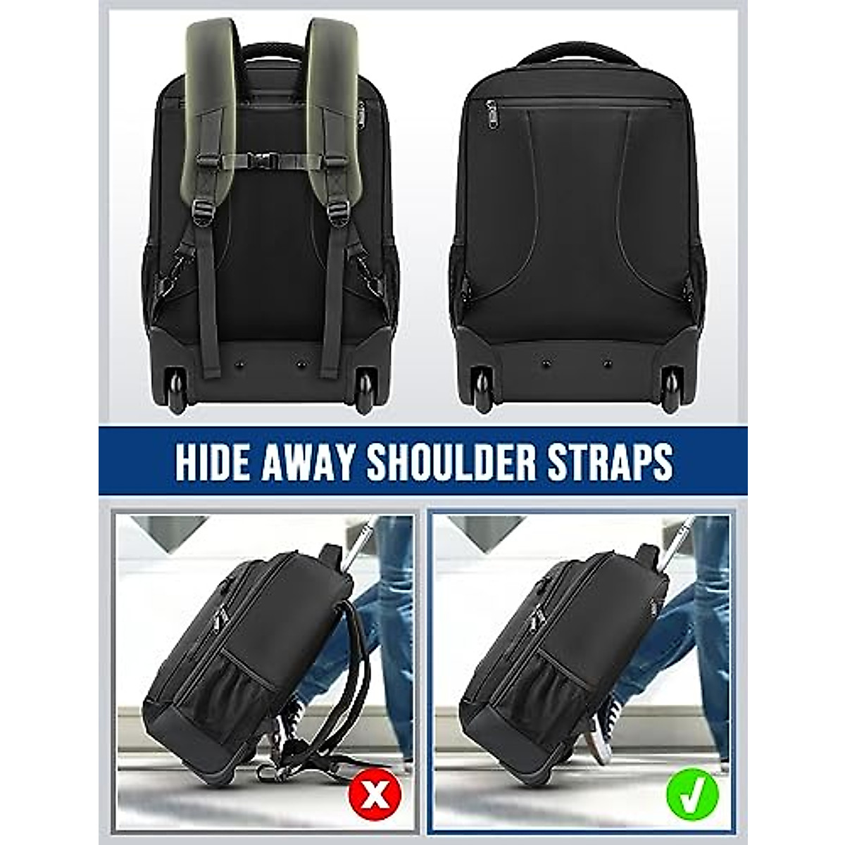 MATEIN 17 inch Rolling Backpack, Travel Laptop Backpack for Men Women, Large Wheeled Backpack Water Resistant Carry on Roller Bag Airline Approved, Business Luggage Suitcase, Traveler Gifts, Black