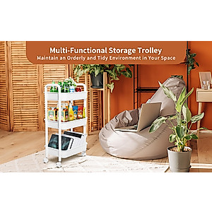 YSSOA Rolling Storage Cart, 3 Tier Slim Mobile Shelving Unit 360° Rotating Wheel Lockable Utility Cart, Ideal for Office, Kitchen, Bathroom, Laundry and Narrow Spaces, White