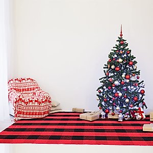 Mudder Buffalo Plaid Rug 70.9 x 47.2 Inch Black and Red Check Rug Outdoor Indoor Front Porch Check Doormat Washable Woven Front Porch Decor for Kitchen, Farmhouse, Entryway