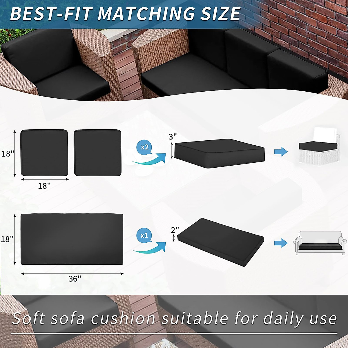 3 Piece Waterproof Patio Outdoor Cushion Covers with Ties Patio Furniture Cushion Covers for 4 Piece 4 Seat Wicker Rattan Patio Sofa Chair Upholstery Furniture,Only Cover (black, 18x18x2,36x18x2)