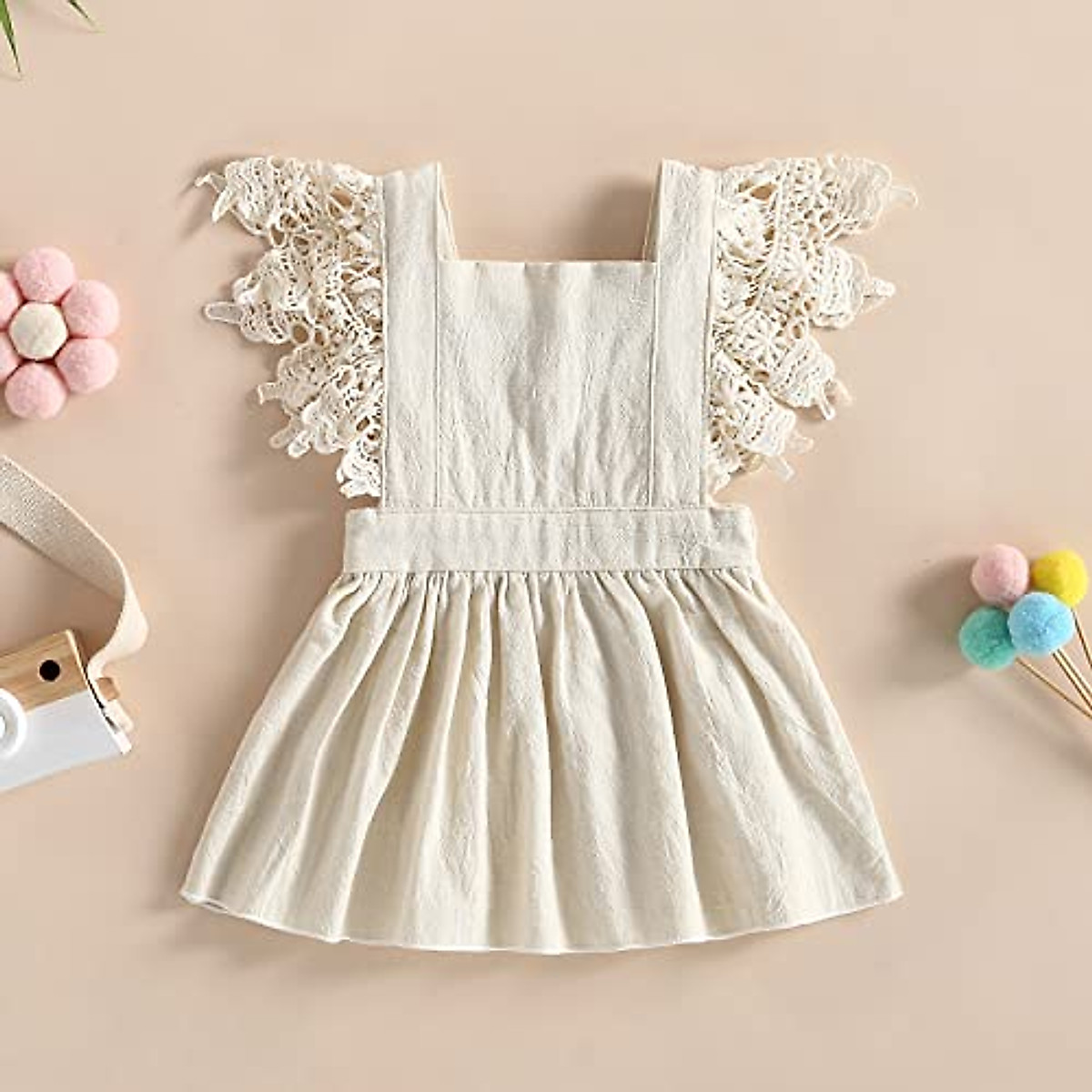 Mubineo Toddler Baby Girl Summer Linen Dress Newborn Lace Princess Overall Dress Sundress (Beige, 18-24 Months)