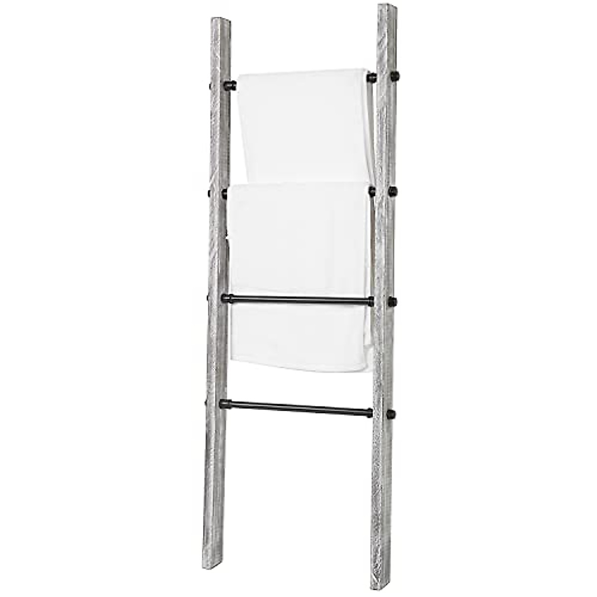 MyGift 5 Foot Graywash Wood Blanket Ladder Wall Leaning Towel Rack with 4 Metal Rung, Farmhouse Home Storage Decor for Living Room, Bathroom, Bedroom