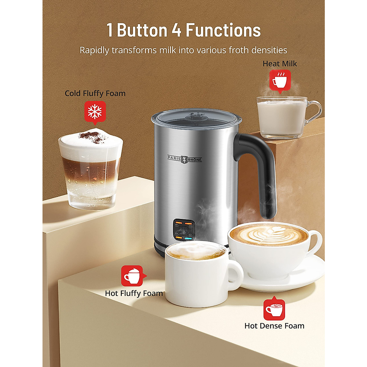 Milk Frothers, PARIS RHÔNE 4-in-1 Automatic Warm and Cold Milk Foamer, Electric Milk Frother and Steamer for Coffee, Milk Warmer, Foam Maker for Latte, Cappuccino, Macchiato