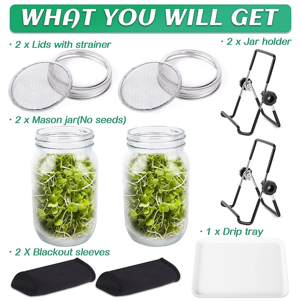 Seed Sprouting Jar Kit with 2 Wide Mouth Mason Jars Bean Sprouts Growing Kit Microgreens Growing Jar with Mesh Screen Lids Sprouter Sprouts Maker for Growing Broccoli, Alfalfa, Mung Bean