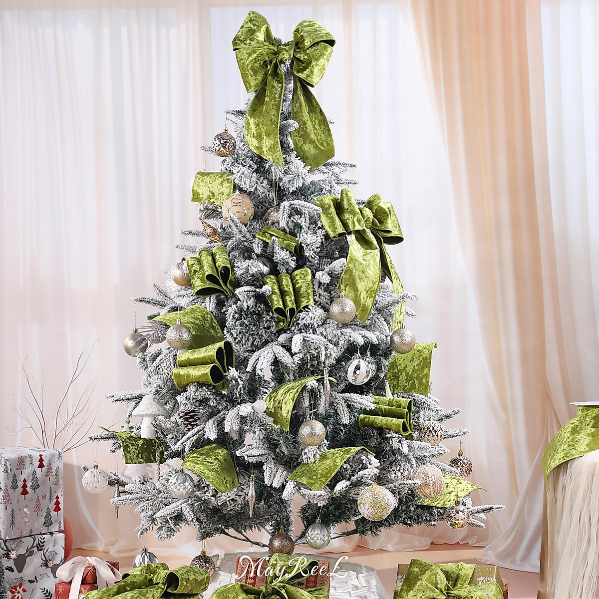 MAYREEL Moss Green Crushed Velvet Ribbon Wired 4" x 10 Yards Extra Wide Christmas Wired Edge Ribbon Green Christmas Decorations Green Ribbon for Gift Wrapping Wreath Tree Topper Bow Making Crafts