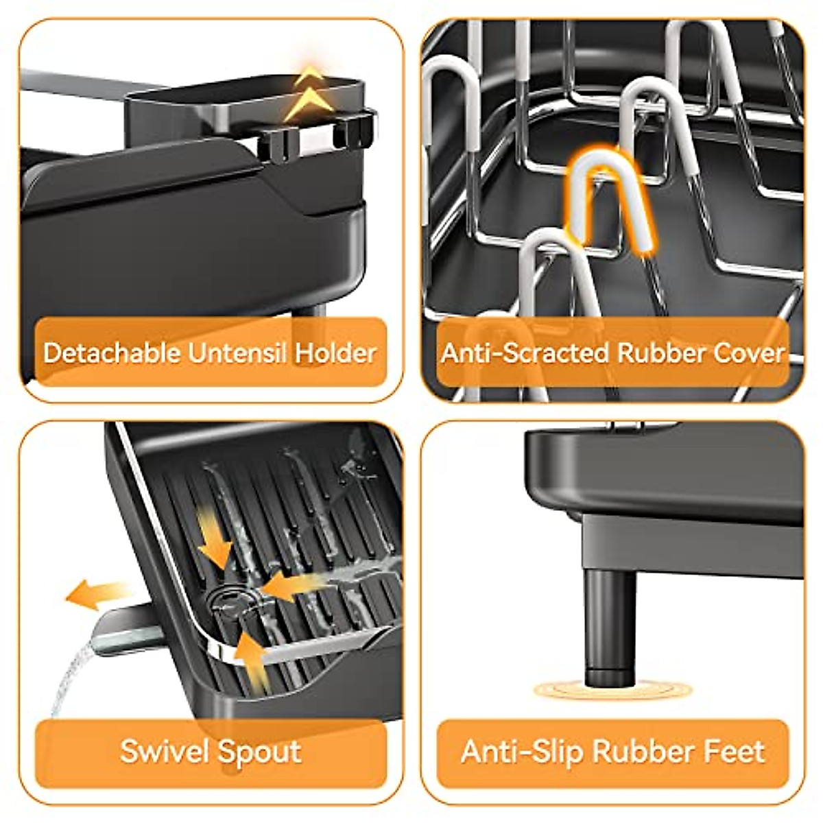 PXRACK Dish Drying Rack, Expandable(11.5"-19.3") Dish Rack for Kitchen Counter, Dish Rack and Drainboard Set, Dish Drainer with Utensil Holder for Kitchen Sink, Black