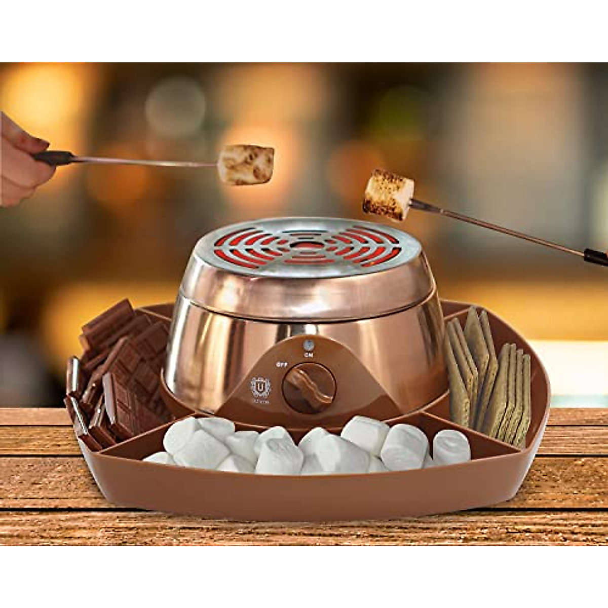 ULTICOR Electric Flameless Stainless Steel Marshmallow S'mores Maker, with 4 Compartment Tray, and 4 Roasting Forks, Indoor Safe, for Parties and Fun Times, Safe for Kids with Adult Supervision
