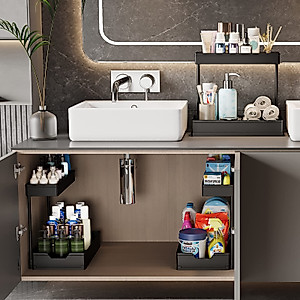 Under Sink Organizers and Storage 2 Packs, 2 Tier Pull Out Cabinet Organizer L-shaped, Sliding Under Bathroom Kitchen Sink Shelf, Multi-Purpose Organization and Storage for Bathroom Kitchen Cabinet
