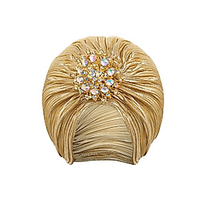 BABEYOND Women's Turban Hat with Crystal Vintage Head Wrap Knit Pleated Turban (Gold)