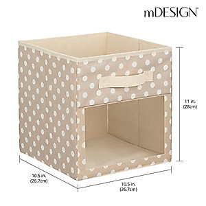 mDesign Fabric Nursery/Playroom Closet Storage Organizer Bin Box, Front Handle/Window for Cube Furniture Shelving Unit, Hold Toys, Clothes, Diapers, Bibs, 4 Pack, Cream/White Polka Dot