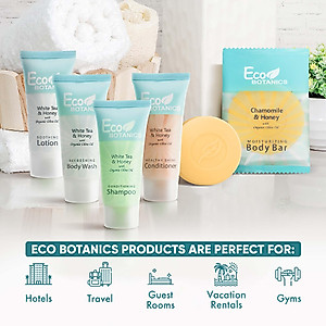 Eco Botanics Hotel Soaps and Toiletries Bulk Set | 1-Shoppe All-In-Kit Amenities |0.85oz Shampoo & Conditioner, Body Wash, Body Lotion & 0.89oz Bar Soap Travel Size | 75 Pieces