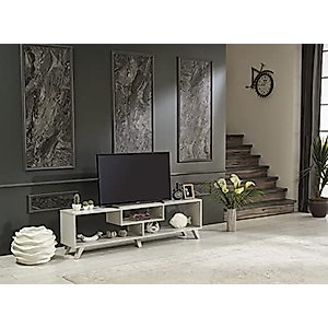 HT Design Parma Mid Century Modern Tv Stand Open Shelving Entertainment Centre 67 inch Tv Unit, Grey