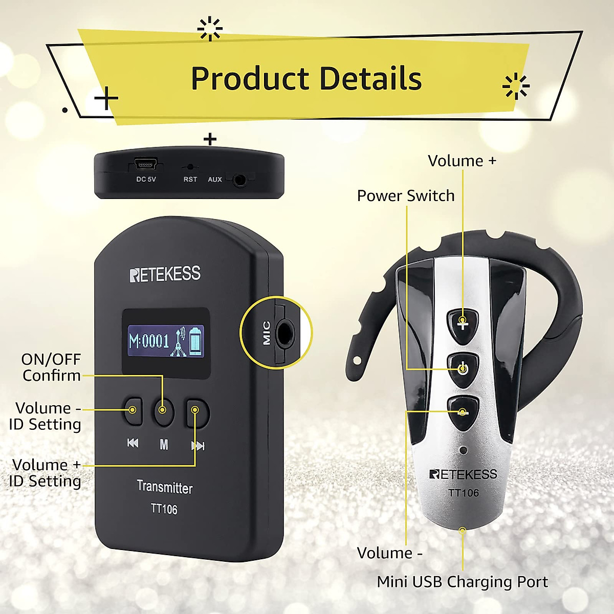 Retekess TT106 Church Translation System, Portable Wireless Tour Guide System, Easy to Clean, Clear Sound Quality, Interpretation System for Churches,Factory (Case of 1 Transmitter and 15 Receivers)