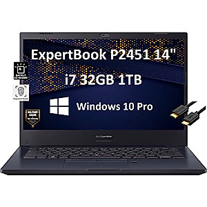 ASUS ExpertBook P2 P2451 14" Thin & Light FHD (Intel 4-Core i7-10510U, 32GB RAM, 1TB PCIe SSD) Military Grade Durable Business Laptop, Webcam, 3-Year Warranty, IST HDMI, Win 10 Pro / Win 11 Pro