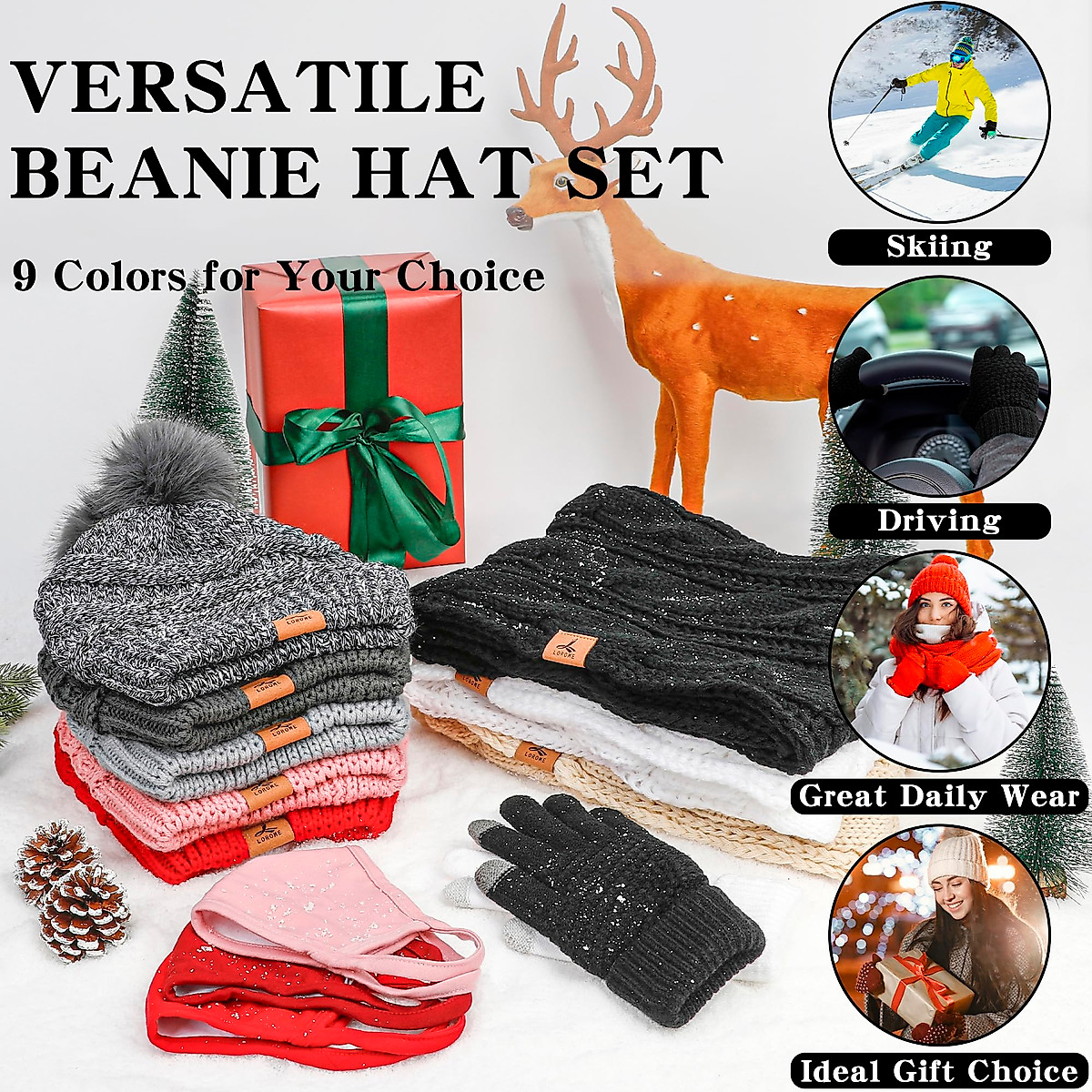 Winter Hat Scarf Gloves and Face Mask, Warm Knit Beanie Pompom Hat Touchscreen Gloves Set Gifts Circle Scarves for Women…