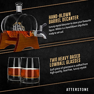 Atterstone Barrel Whiskey Decanter Set. Bourbon, Scotch, Brandy, Whisky Decanter Set. 2 Heavy Crystal Whiskey Glasses, 9 Chilling Whisky Stones & Funnel for Liquor - 1000ml Whiskey Barrel Decanter