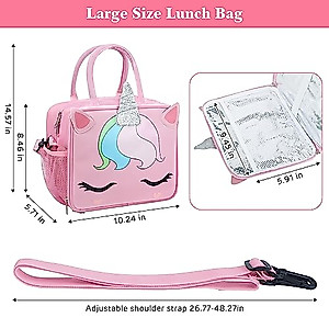 Korlon Unicorn Lunch Box for Girls, Insulated Pink Bento Lunch Bag for Girls Kids Adults Boys Men Women, Girls Lunchboxes for School with Adjustable Shoulder Strap & Water Bottle Holder