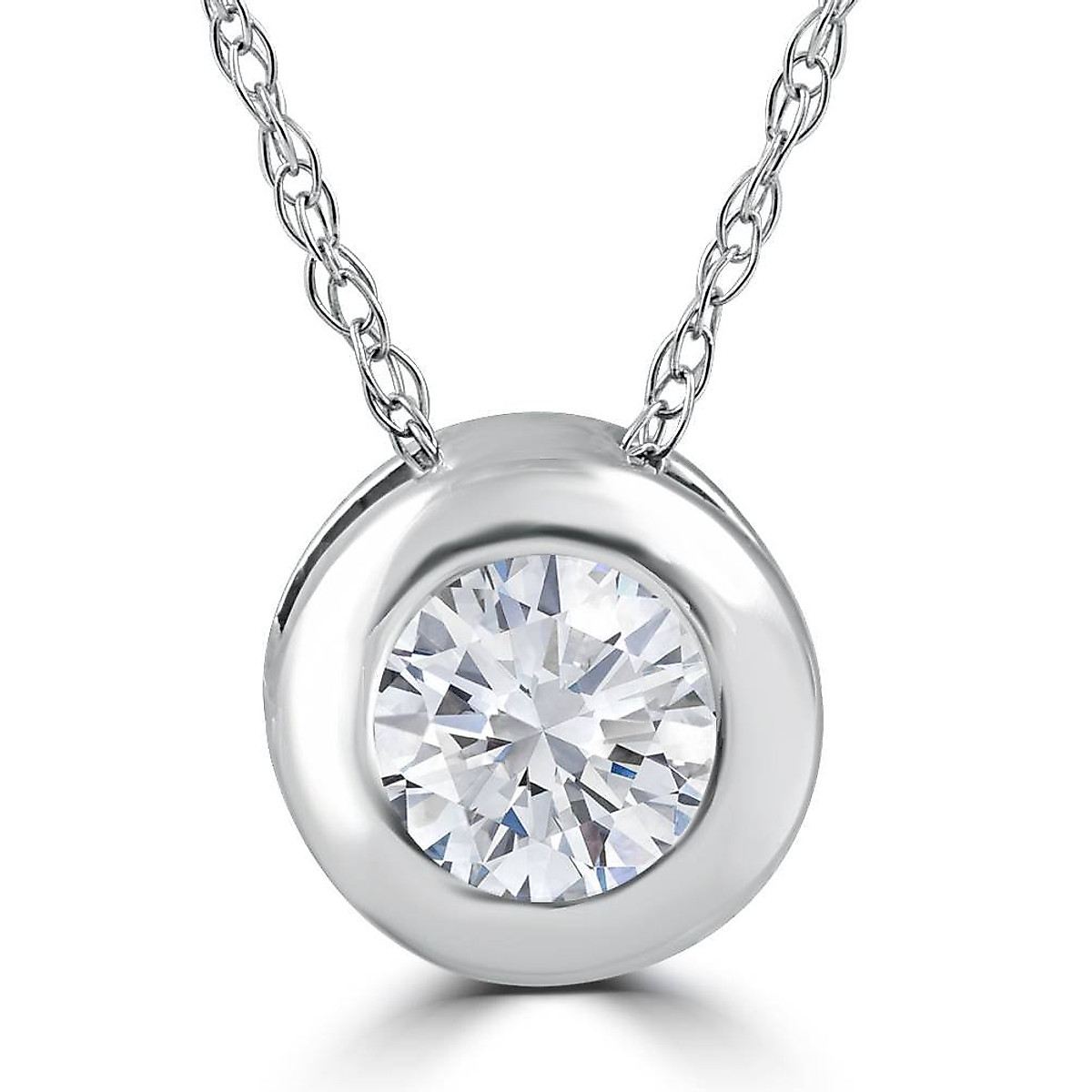 14k White, Yellow, or Rose Gold 1/4 Ct T.W. Diamond Round-Cut Bezel Solitaire Pendant Women's Necklace With 18" 14k Gold Chain