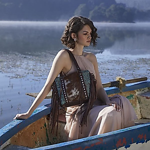 Myra Bag Maia Cowhide Purse - Western Style Purses for Women with Azure Embossed Leather and Brown & White Cowhide Design, Floral Tooled Accents and Fringes, Cow Hide Purse, Cowhide Purses for Women