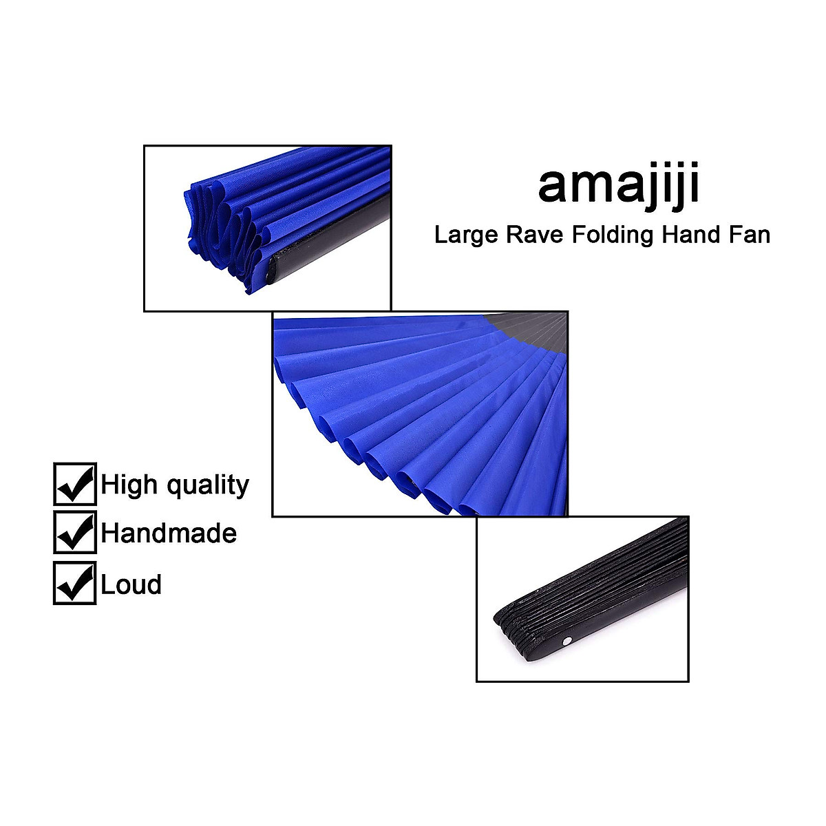 Amajiji Large Folding Hand Rave Fan for Women/Men, Chinease/Japanese Bamboo and Nylon-Cloth Folding Hand Fan for Performance, Festival, Events, Gift, Craft, Dance, Decorations (Blue)