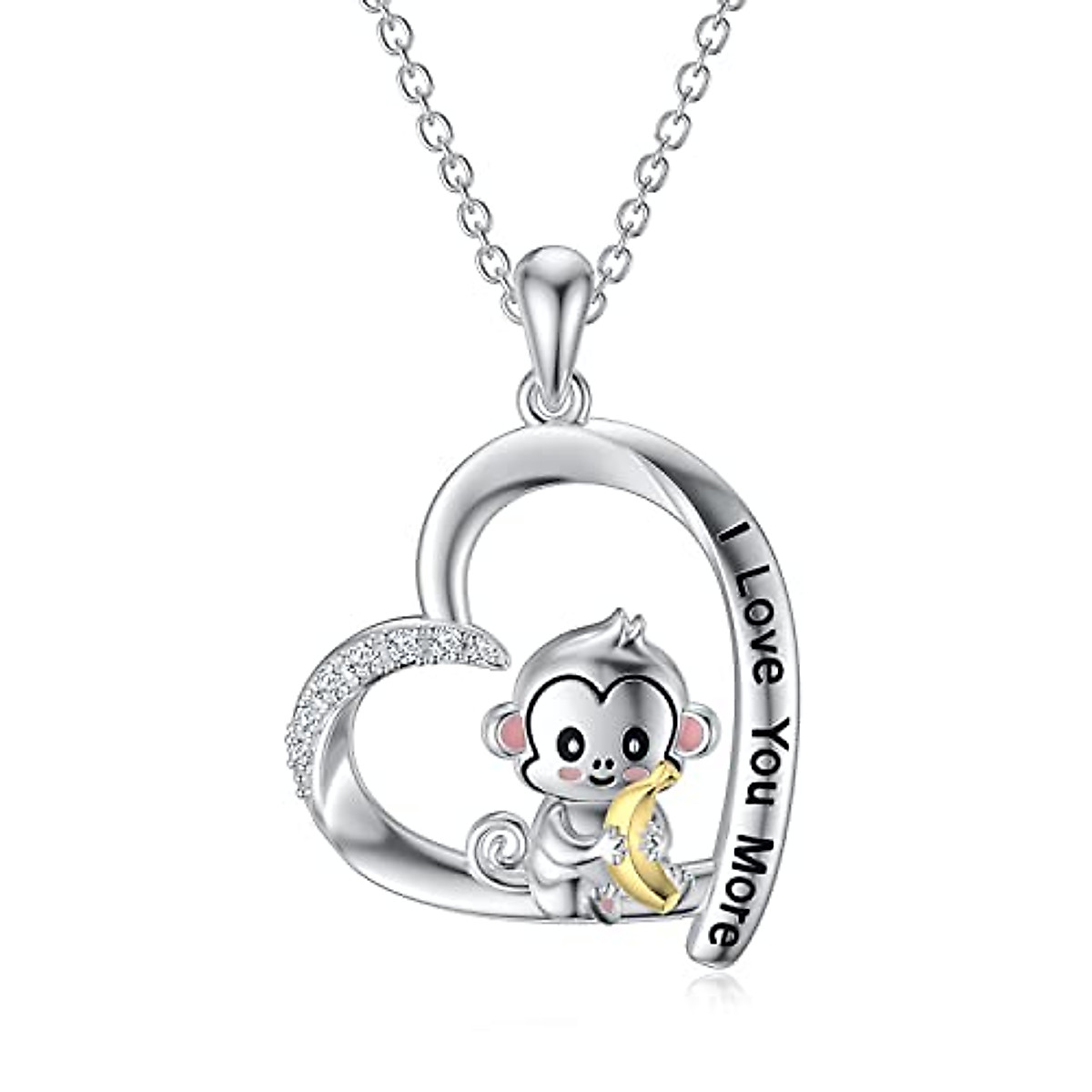 LONAGO Monkey Necklace 925 Sterling Silver I Love You More Cute Monkey Holds Banana Pendant Necklace Jewelry for Women