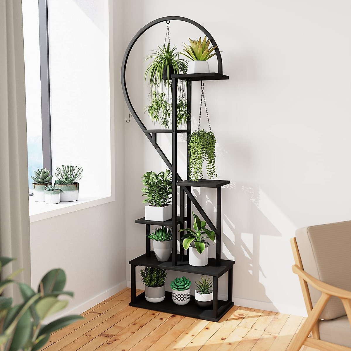 POTEY 6 Tier Metal Plant Stand, Creative Half Heart Shape Ladder Plant Stands for Indoor Plants Multiple, Plant Shelf Rack for Home Patio Lawn Garden (Black Board 2 Pack)