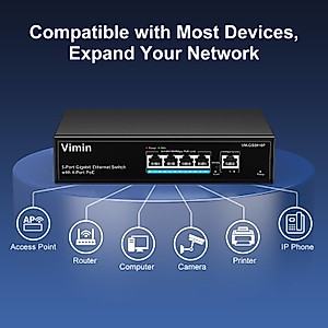 4 Port Gigabit PoE Switch with 1 Uplink Gigabit Ports, VIMIN 5 Port Unmanaged Ethernet PoE Switch with 72W Power, Support IEEE802.3af/at, VLAN, Metal Housing, Desktop or Wall-Mount, Plug & Play