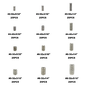 MCMASKE 300PCS #2-56#4-40#6-32#8-32 UNC 304 Stainless Steel Internal Hex Drive Cup Point Set Screws Assortment Kit