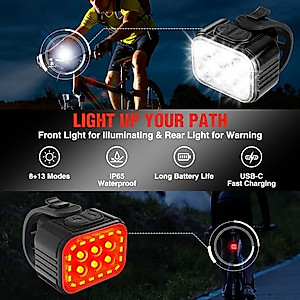 WORKPRO Bike Lights Set [8+13 Modes], Rechargeable Bicycle Light Set Ultra Bright, IP65 Waterproof Bike Lights for Night Riding, 1200mAh Bike Headlight and Tail Light Reflectors, Black