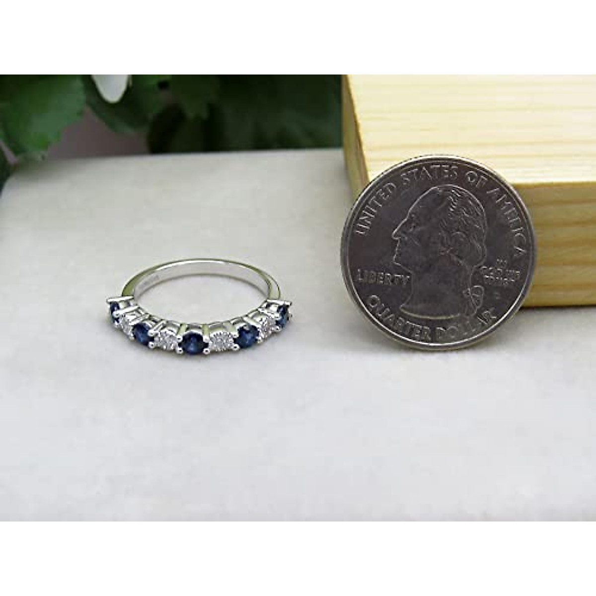 Dazzlingrock Collection 14K Round Blue Sapphire & White Diamond Bridal Wedding Band Anniversary Ring, White Gold, Size 6