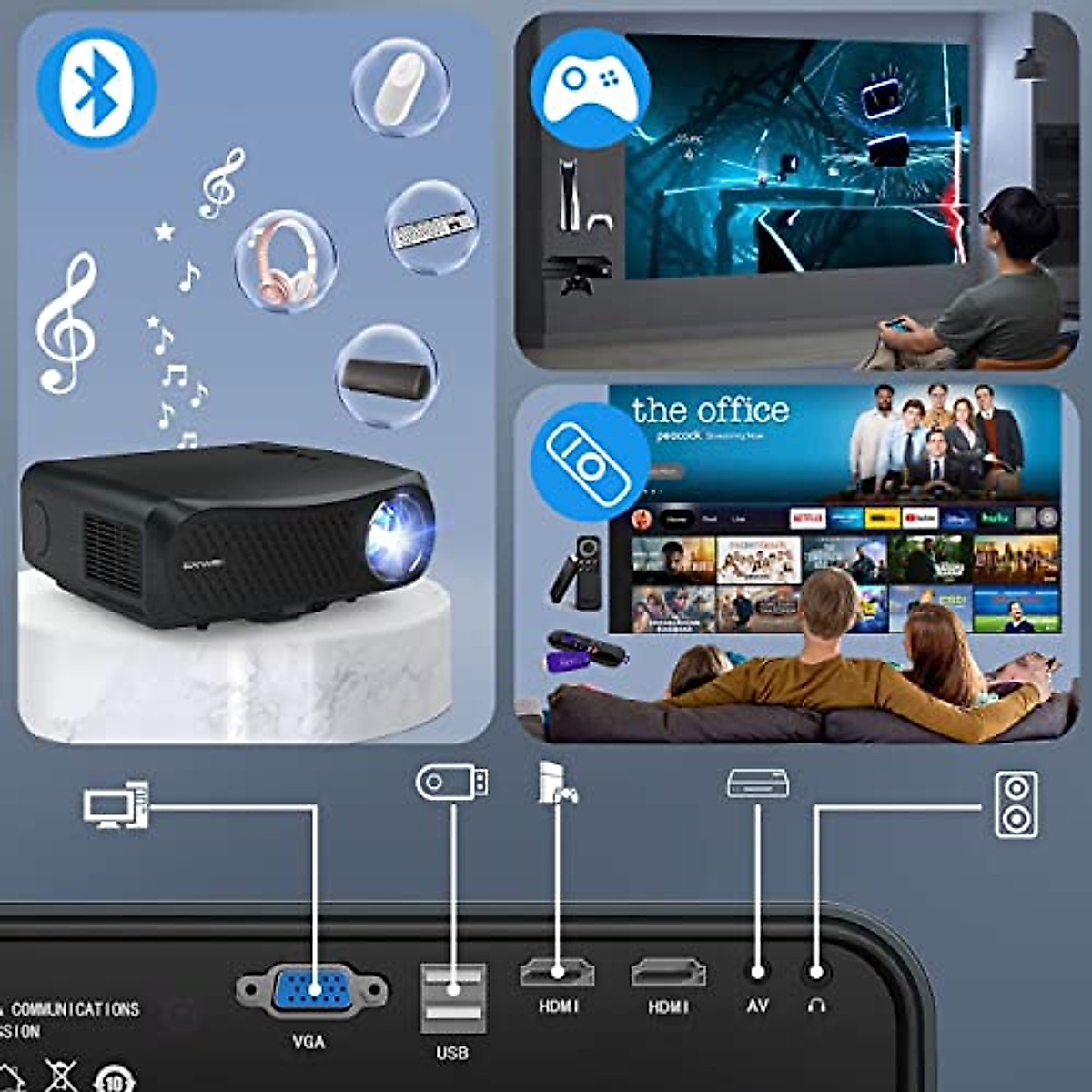 5G WiFi Projector Native 1080p Bluetooth Smart Projectors 4K Supported, 10,000 High Lumen & 300'' Display Projector Indoor Outdoor Movie Party Office, Compatible with Android/iOS/Laptop/DVD/TV Stick