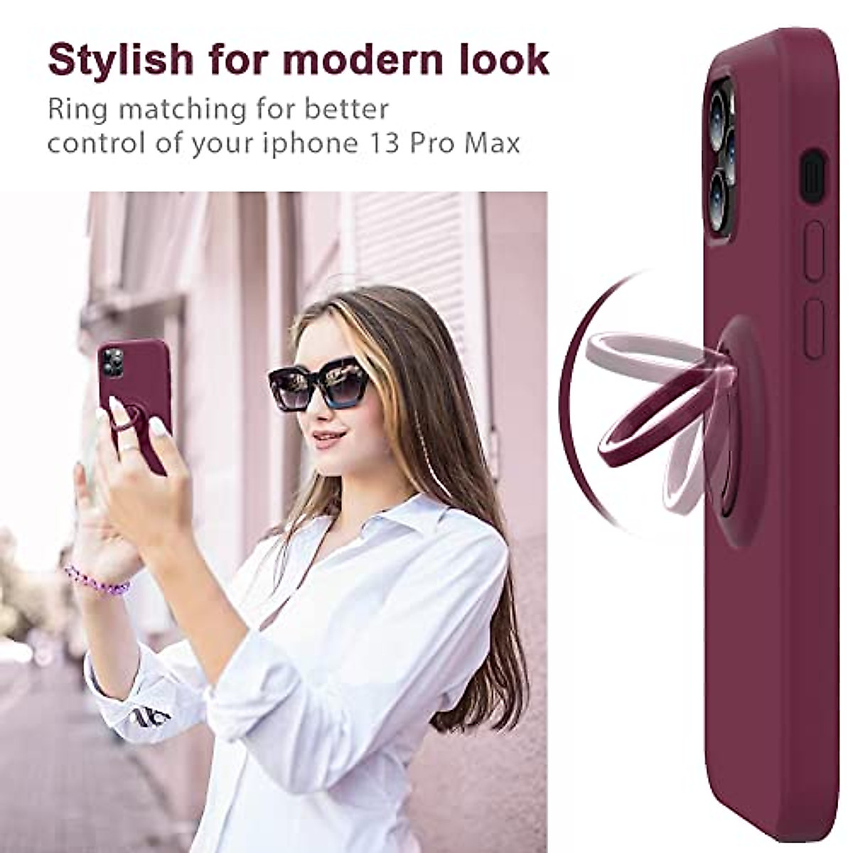 MOCCA Compatible with iPhone 13 Pro Max Case 6.7inch with Ring Kickstand | Liquid Silicone |Microfiber Linner|Anti-Scratch Full-Body Shockproof Protective Case for iPhone 13 Pro Max Women Girl-WineRed