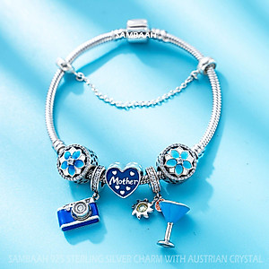 Sterling Silver Cocktail Drink Charm, Martini Glass Charm Summer Beach Theme, Fruit Lemon Dangle Charm with Cubic Zirconia for Women Pandora Style Bracelets