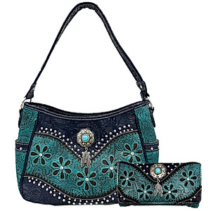 Western Floral Pu Leather Turquoise Concho Women Tote Purse Wallet Turquoise