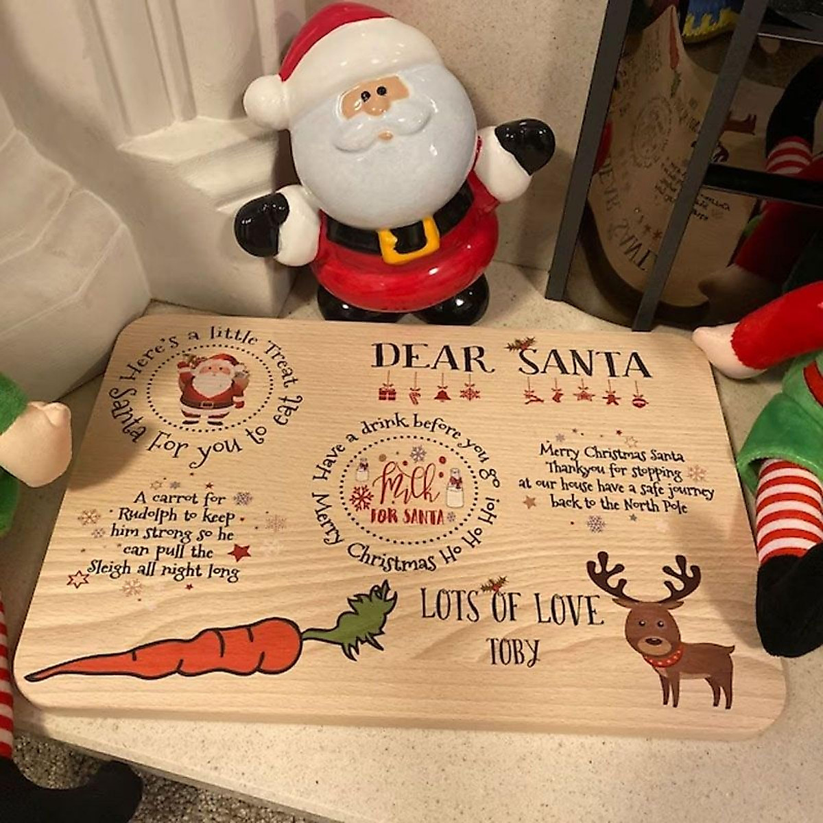 Personalized Christmas Eve Treats w/Wooden Santa Plate, Platter Board, Placemats