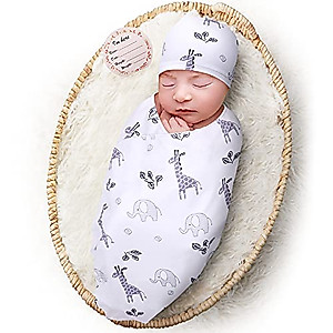 Elstey Newborn Swaddle Receiving Blanket Hat Set for 0-3-6 Months Babies, Soft Nursery Wrap for Infant Boy Girl, Stretchy Swaddling Sleep Sack, Baby Photography Props, Perfect Shower Gift (Giraffe)