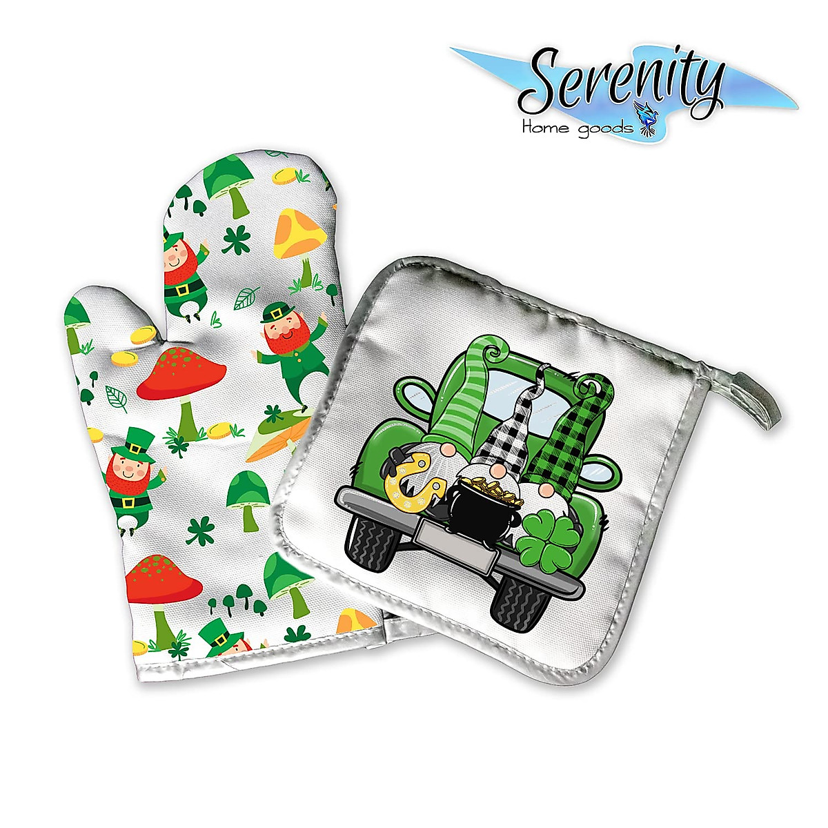St Paddys Day | Saint Patricks Day | Spring Decorative Kitchen Hot Plate Pot Holder Oven Mitt Set | Leprechaun Shamrock Clover Green Gold Gnome | Cute Decoration